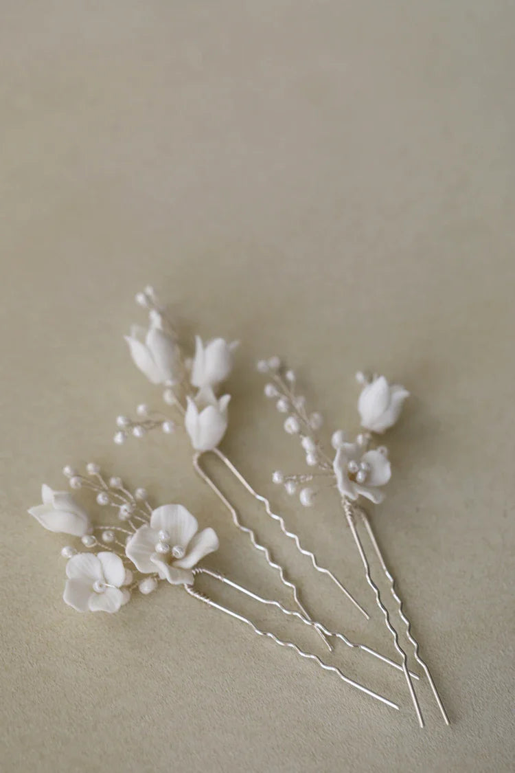 Bridal Jewelry Porcelain Flower Hairpins Silver Color Hair Pin Clip Fo