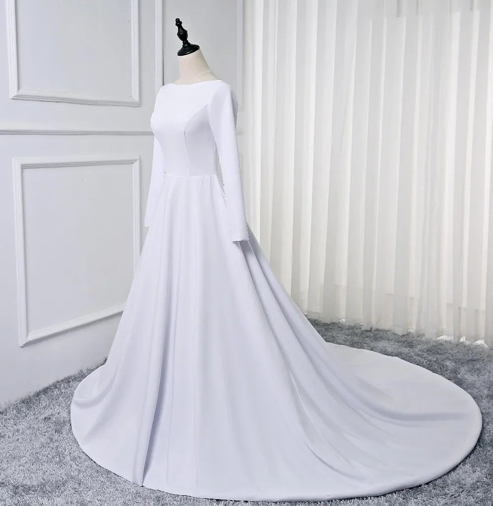 Customized Soft Satin Muslim Wedding Dress Long sleeve A Line Simple B