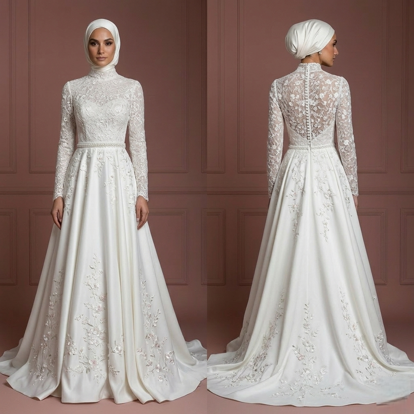 Gaun Pengantin Hijab untuk Gaun Pernikahan Musim Semi Gaya Bunga Musli