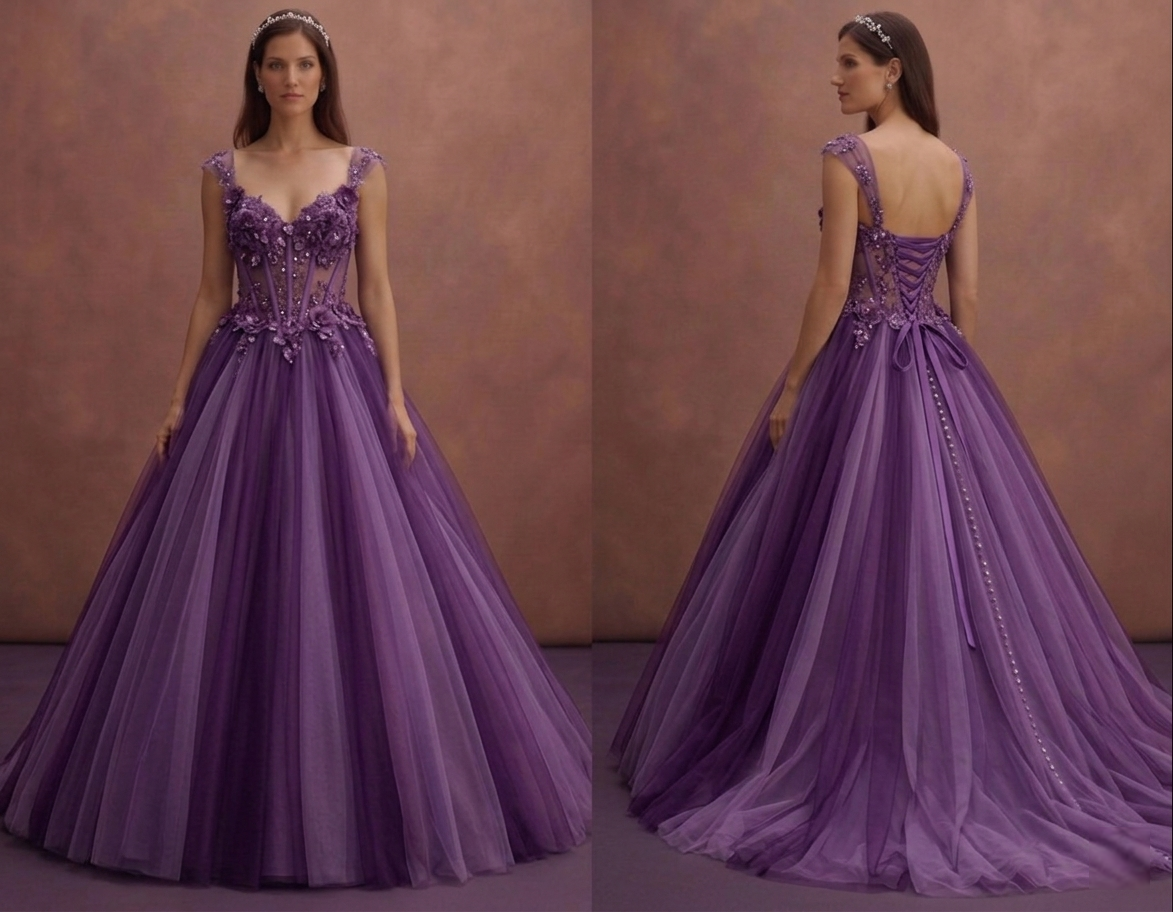 Vestido de novia morado, estilo princesa, de tul, tipo bola