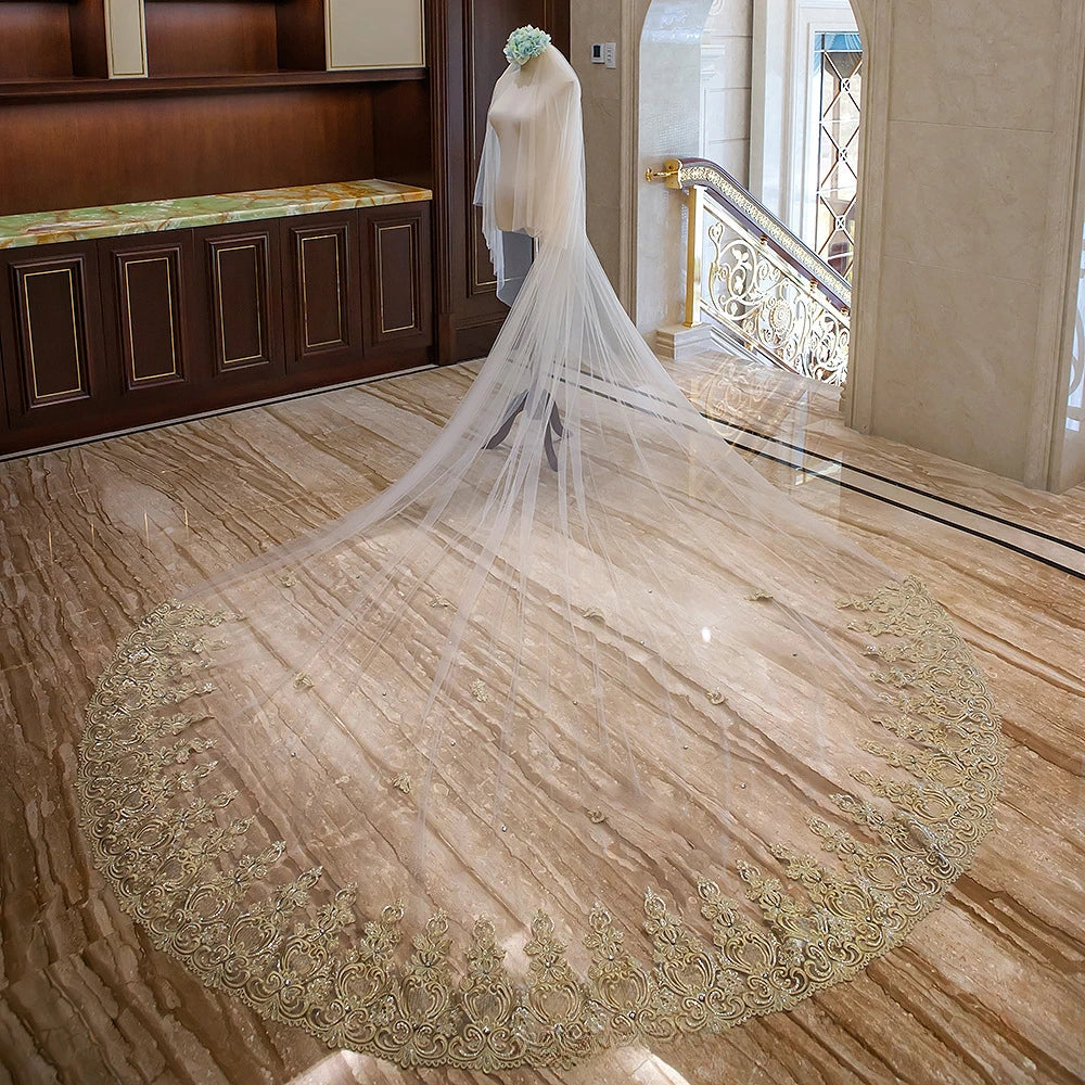 3.5 Meters Long Gold Lace Wedding Veil with Rhinestones Blusher Bridal