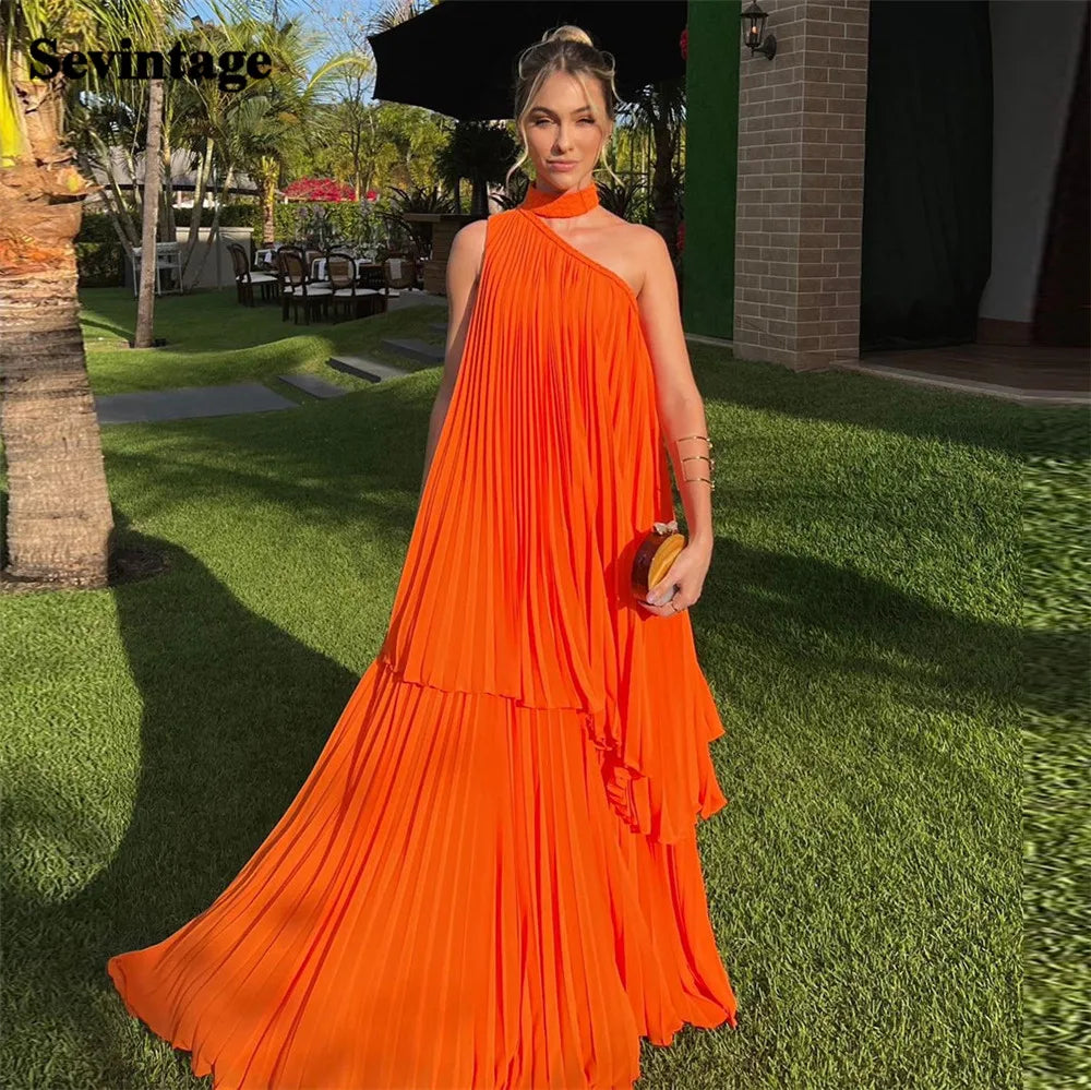 Modest Orange Chiffon Evening Dresses Halter Tiered Pleated Sleeveless