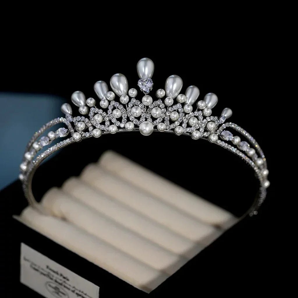 Crystal Pearl Tiaras and Crowns Set Zirconia Diadem For Bride Princess