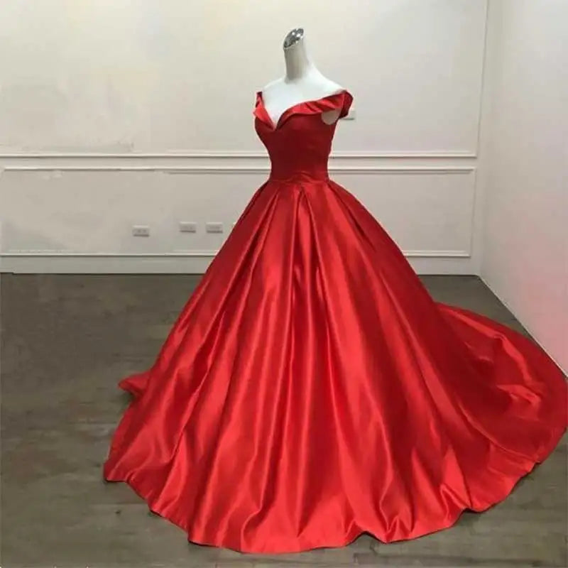 Customized Sexy Simple Red Prom Dresses V Neck Ball Gowns Cap Sleeve S