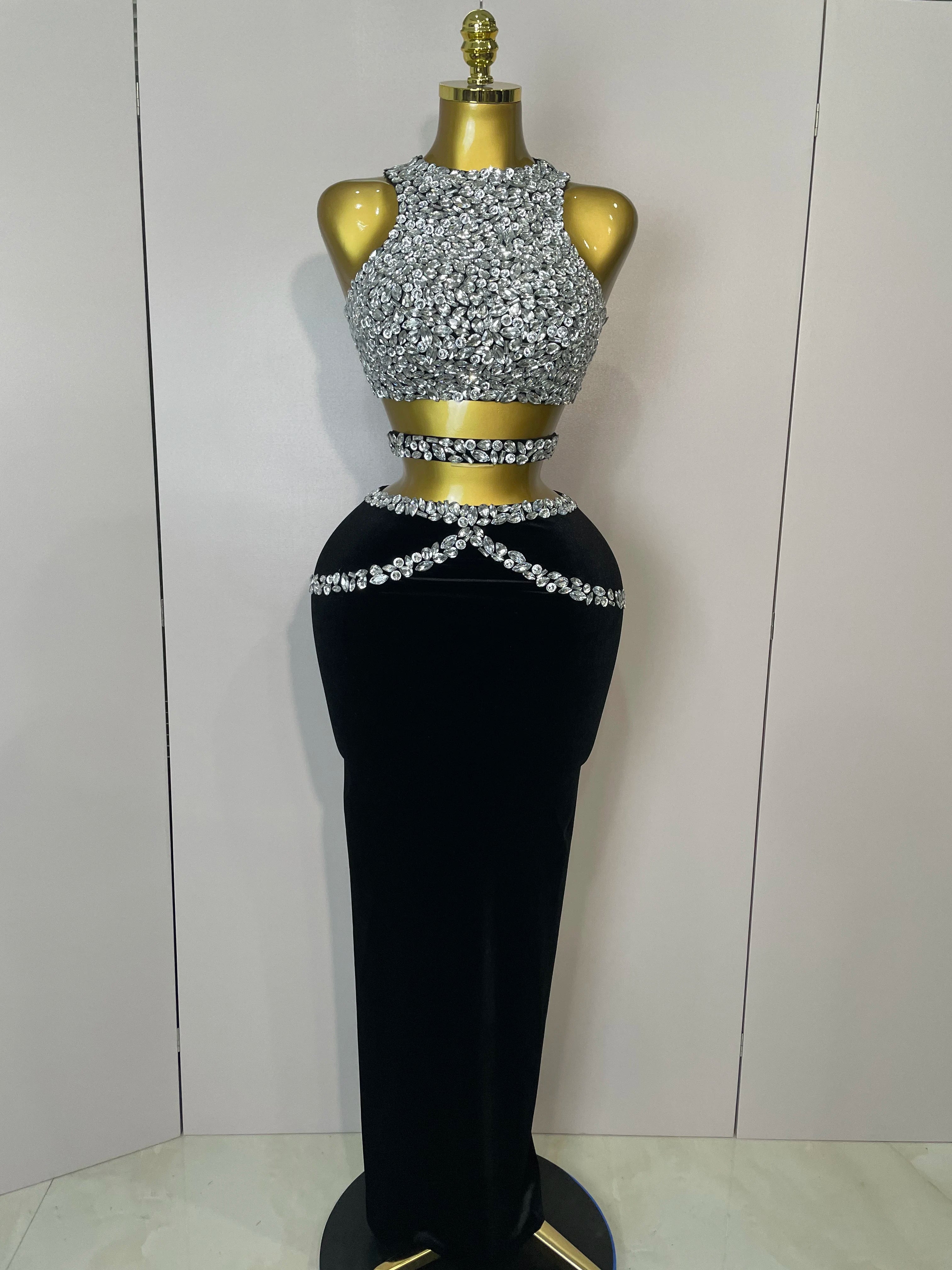 Women Sparkly Rhinestone Two-piece Set Sexy Velvet Singer Nightclub Ou