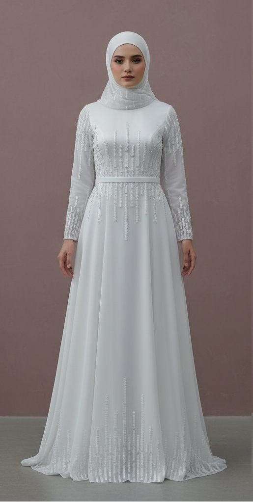 Custom Made Arabic Muslim Bridal Gown with Full Sleeves and Tulle